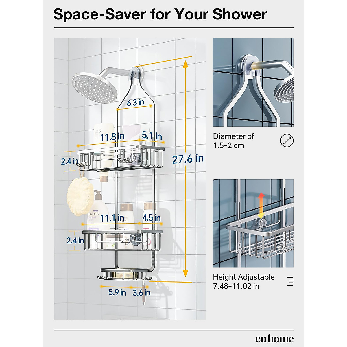 Adjustable Shower Caddy Hanging, EUHOME Never Rust Shower Organizer, Aluminum 3-Tier Large Capacity Shower Caddy Over Showerhead with Hooks, Soap/Razor Holder