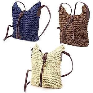 Beach Bag Straw Bags Hand-Woven Straw Bag, Women Handbag Shoulder Bag Straw Weave Tote Purse Lady Beach Hobo Bag Crossbody Coffee