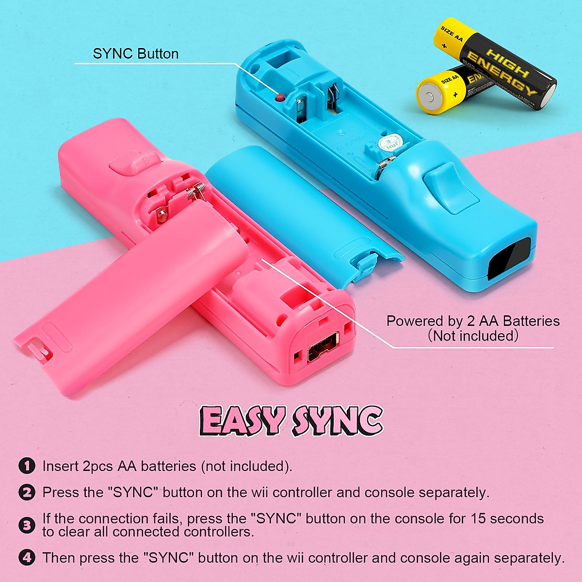 PGYFDAL Wii Controller 2 Pack, Wii Remote Controller and Nunchuck Joystick with Silicone Case and Wrist Strap for Holiday (Pink and Blue)