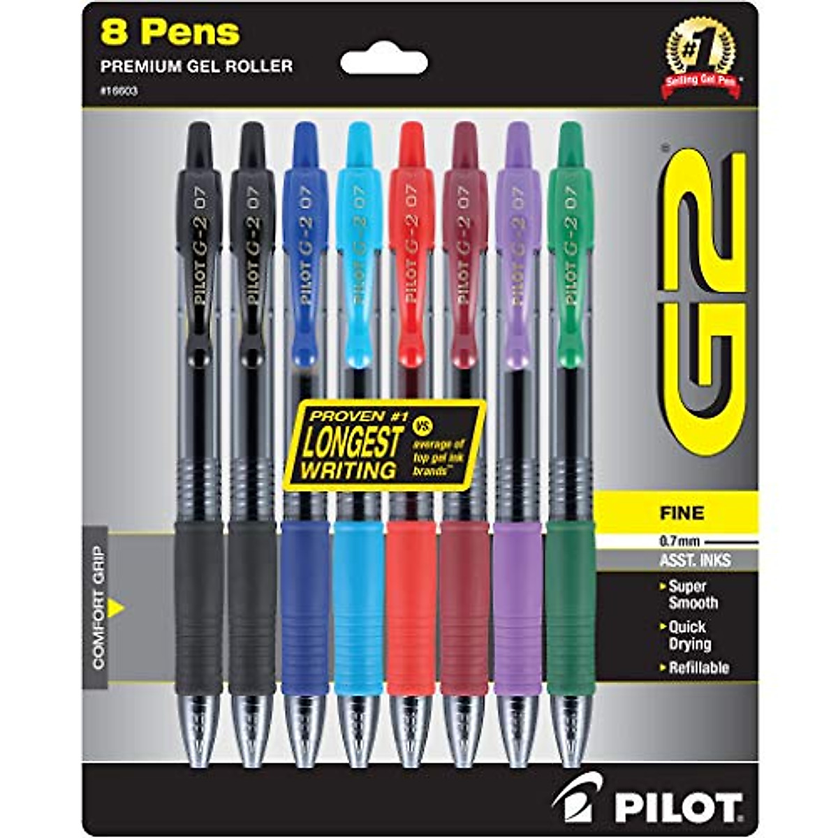 Pilot G2 Premium Refillable And Retractable Gel Ink Pens, Fine Point (0.7mm), 7 Colors, 8 Count (16603)