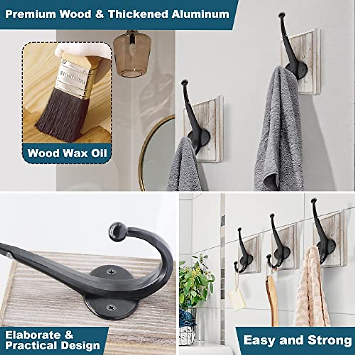 Lomuke Towel Hooks for Bathroom Wall Mounted, 2 Pack Farmhouse Rustic Wall Hooks for Hanging Coat Robe Hat Keys, Heavy Duty Wood Black Hooks for Entryway Kitchen Bedroom Decorative (Weathered White)