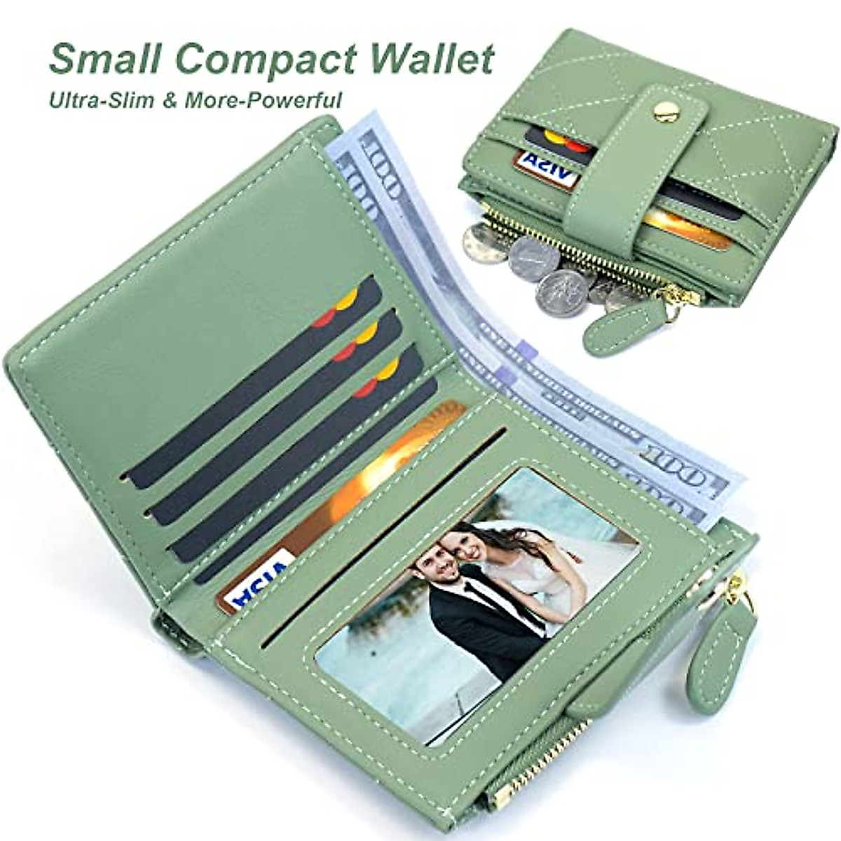 SUMGOGO Wallets for Women Small Coin Purse Card Holder Wallet Front Zipper Pocket Mini Slim Bifold Wallets (Green)