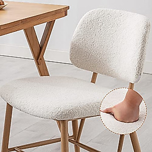 ONEVOG Modern Accent Chair, Ivory White Upholstered Dining Chairs Set of 2, Short Plush Fabric, Armless Dining Chair with Backrest, Sherpa Chair for Dining Room, Living Room, Wood Grain Metal Legs