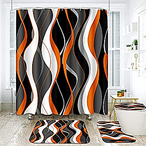 Geometric Orange Bathroom Sets with Shower Curtain and Rugs and Accessories, Black and Gray Shower Curtain Sets, Modern Orange Shower Curtains for Bathroom,Orange Bathroom Decor 4 Pcs