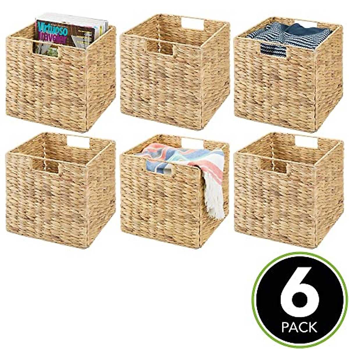mDesign Natural Woven Hyacinth Cube Bin Basket Organizer with Handles, Storage for Bedroom, Home Office, Bathroom, Shelf and Cubby Organization, Hold Blankets, Magazines, Books, 6 Pack, Natural/Tan