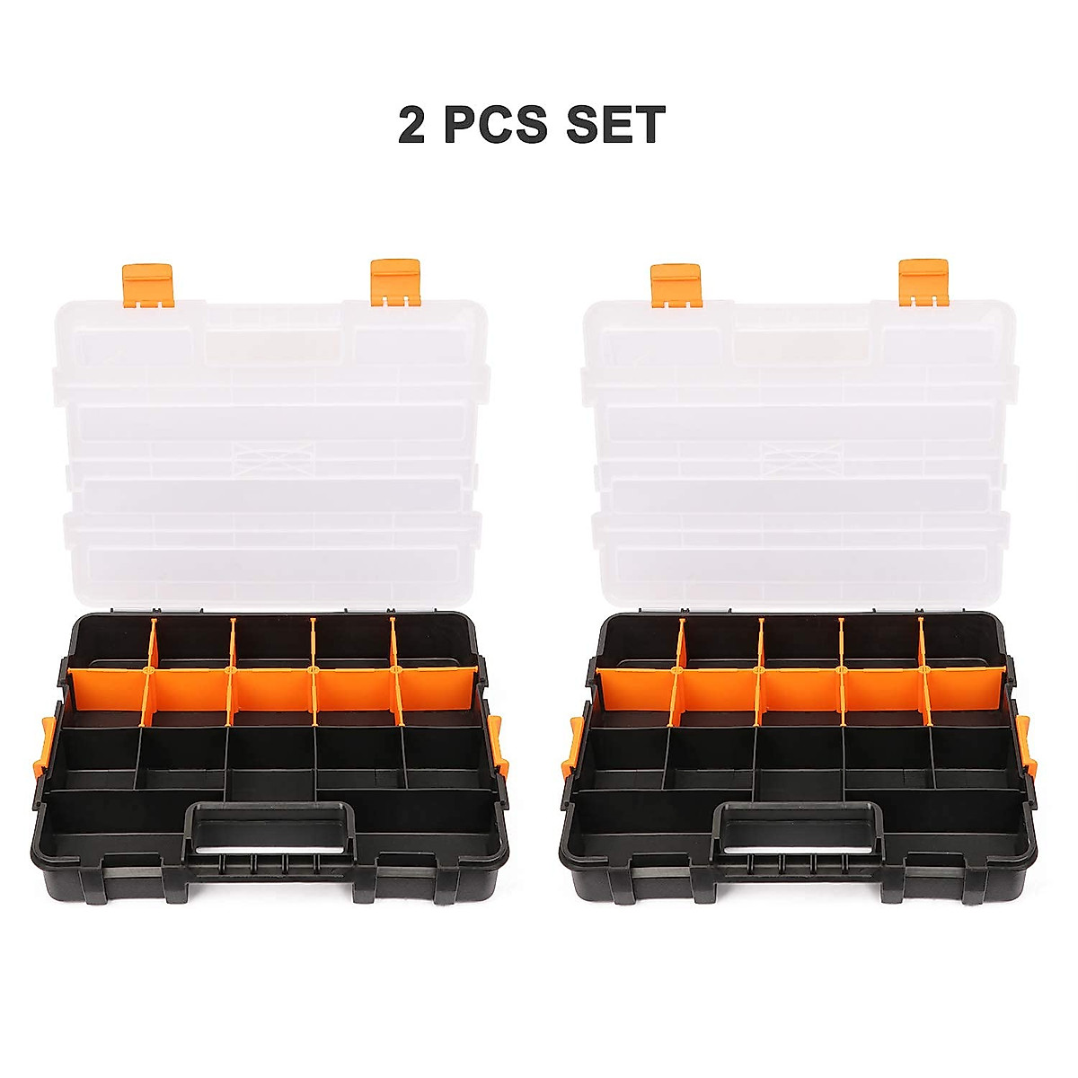 Makitoyo Tool Box Organizers, Interlocking Black Small Parts Organizer for Fasteners, Parts and Crafts w/Removable Dividers, 2 Pieces Pack, Black & Orange,15”L×11.6”W×2.6”H