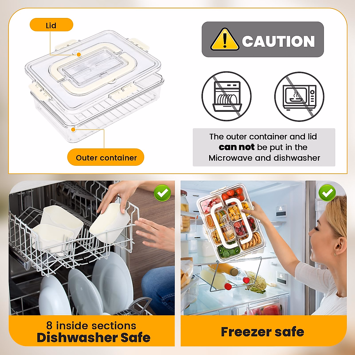 Linn'sCollection Divided Serving Tray with Lid and Handle,Snack Box Container with Cutlery Storage, Fruit Tray,Portable Snack Tray Organizer,Portable Snack Box Container, 8 Compartment Snack Container