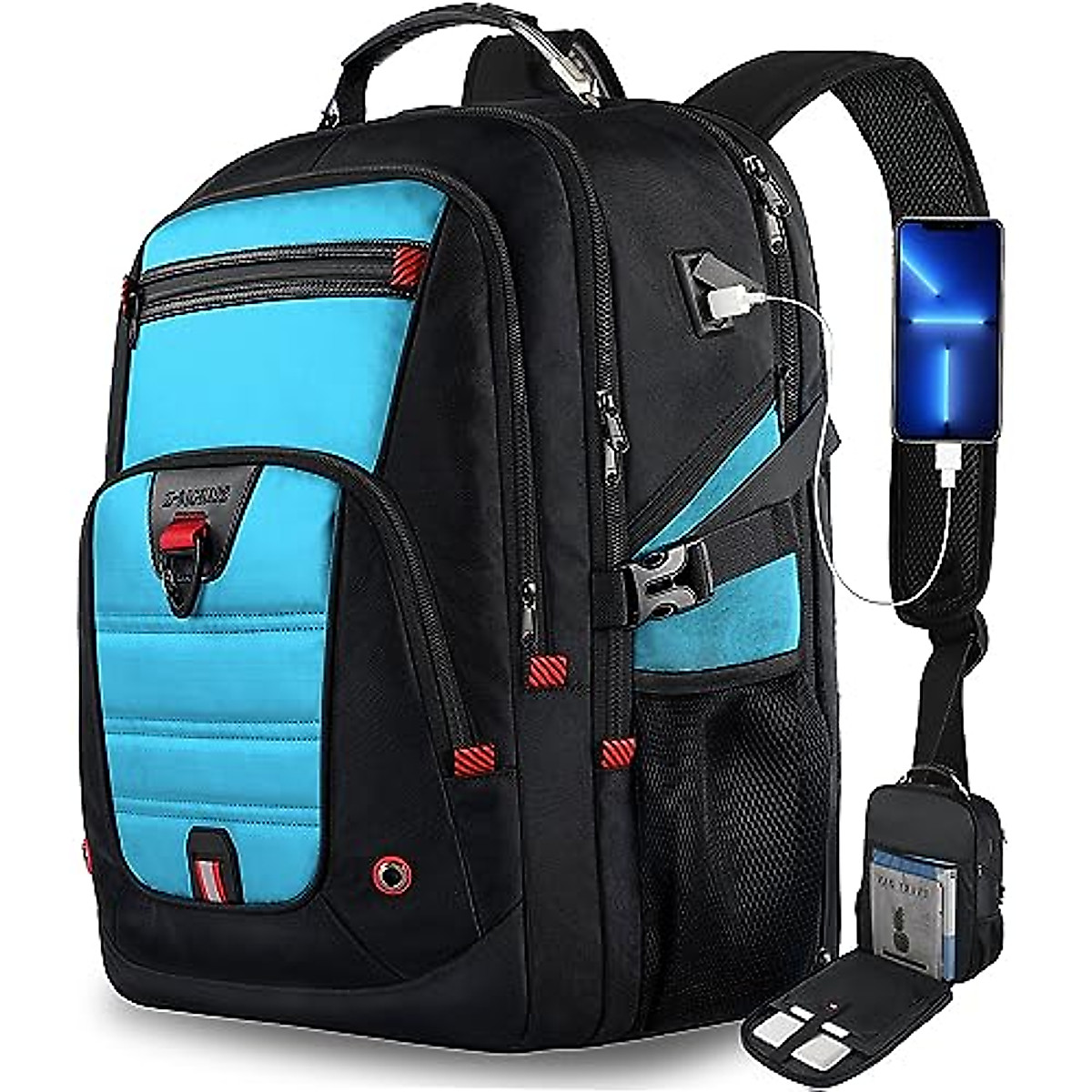 Big Backpack for Travel, Extra Large Laptop Backpack, Anti-Theft Computer Backpack 50L for Women Men, Waterproof Heavy Duty Backpack 17.3 Inch with USB Port, College Business Work Daypack, Lake Blue