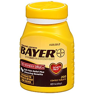 Genuine Bayer Aspirin 325mg Coated Tablets, Pain Reliever and Fever Reducer, 200 Count