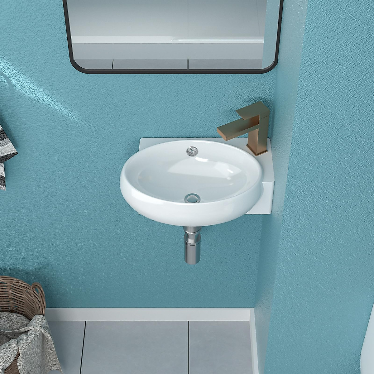 Funmier Wall Mount Vessel Sink Right Hand - 16 x 11 Inch Oval Bowl Rectangular Wall Hung Bathroom Sink Basin White Ceramic Porcelain Modern Floating Vessel Sink