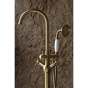 SITGES Solid Brass Freestanding Bathtub Faucet, Bathroom Floor Mount Tub Filler, Dual Function Double Cross Handle with Ceramic Hand Shower, Brushed Gold