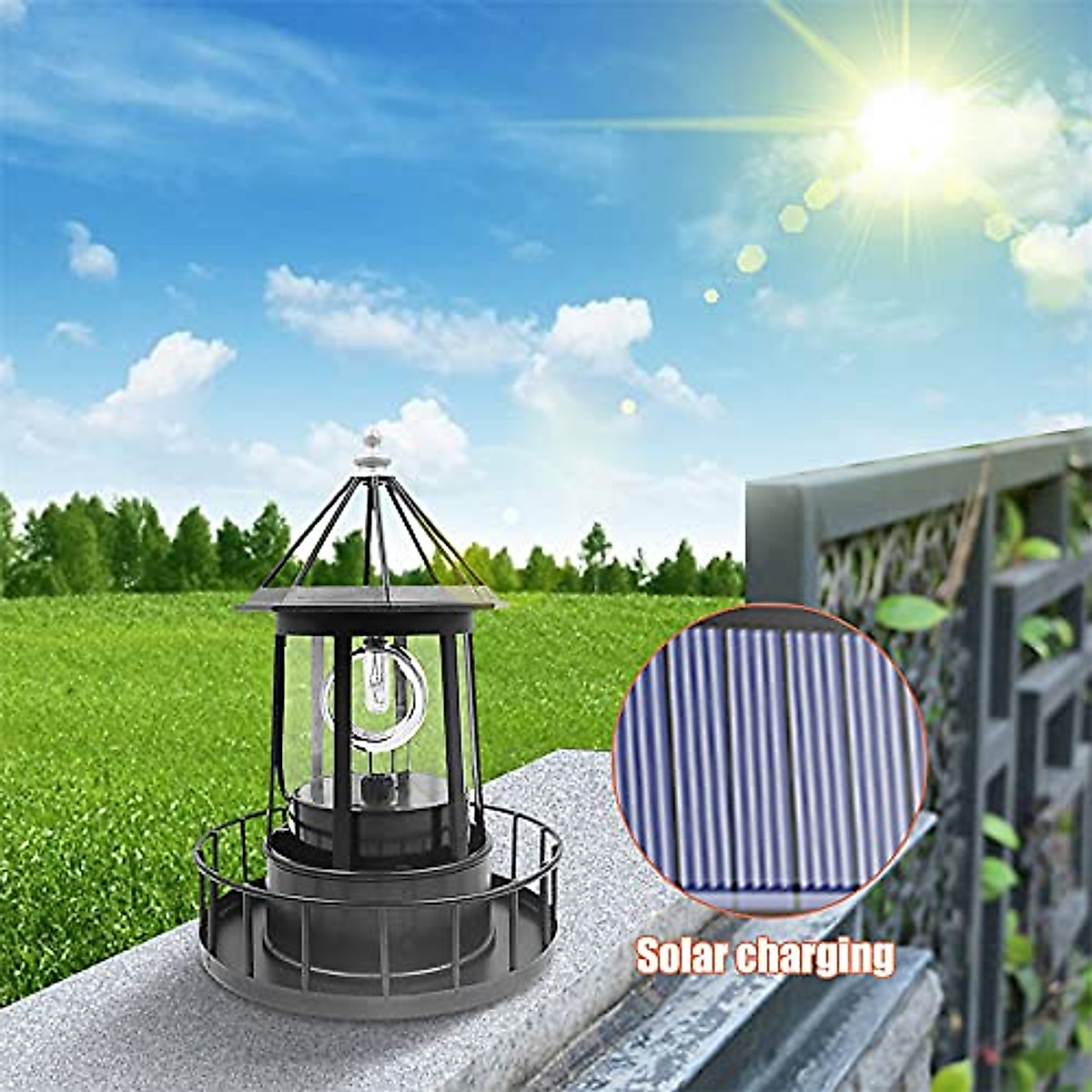 LED Solar Powered Lighthouse, 360 Degree Rotating Lamp, Waterproof Garden Smoke Towers Statue Lights, for Home Garden Yard Lawn Outdoor Decor, Black