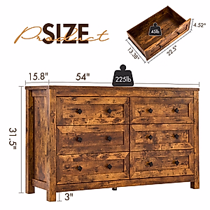 VanAcc 6 Drawers Dresser for Bedroom, Farmhouse Wood Chest of Drawers with Vintage Grain Texture, Drawer Double Dresser for Bedroom, Living Room, Hallway, Rustic Brown
