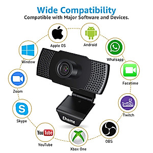 Ehome Webcam with Microphone, 1080P USB 2.0 Noise-Cancelling Web Camera Plug and Play Rotatable Laptop Web Cam for Desktop PC Video Calling Online Class Conferencing Streaming Recording Gaming
