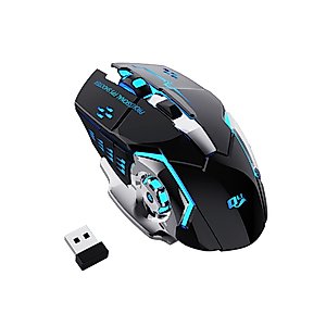 QELIROKY New 2.4G Wireless Rechargeable Gaming Mouse Silent Click with 6 Buttons, 3 Adjustable Levels DPI, Colorful LED Lights for Laptop, iPad, MacOS, PC, Windows, Android (Black)
