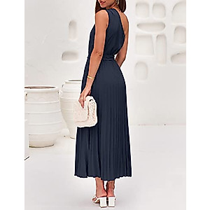 MEROKEETY Womens Sleeveless One Shoulder Pleated Belted Elastic High Waist Formal Midi Maxi Dress,Navy,M