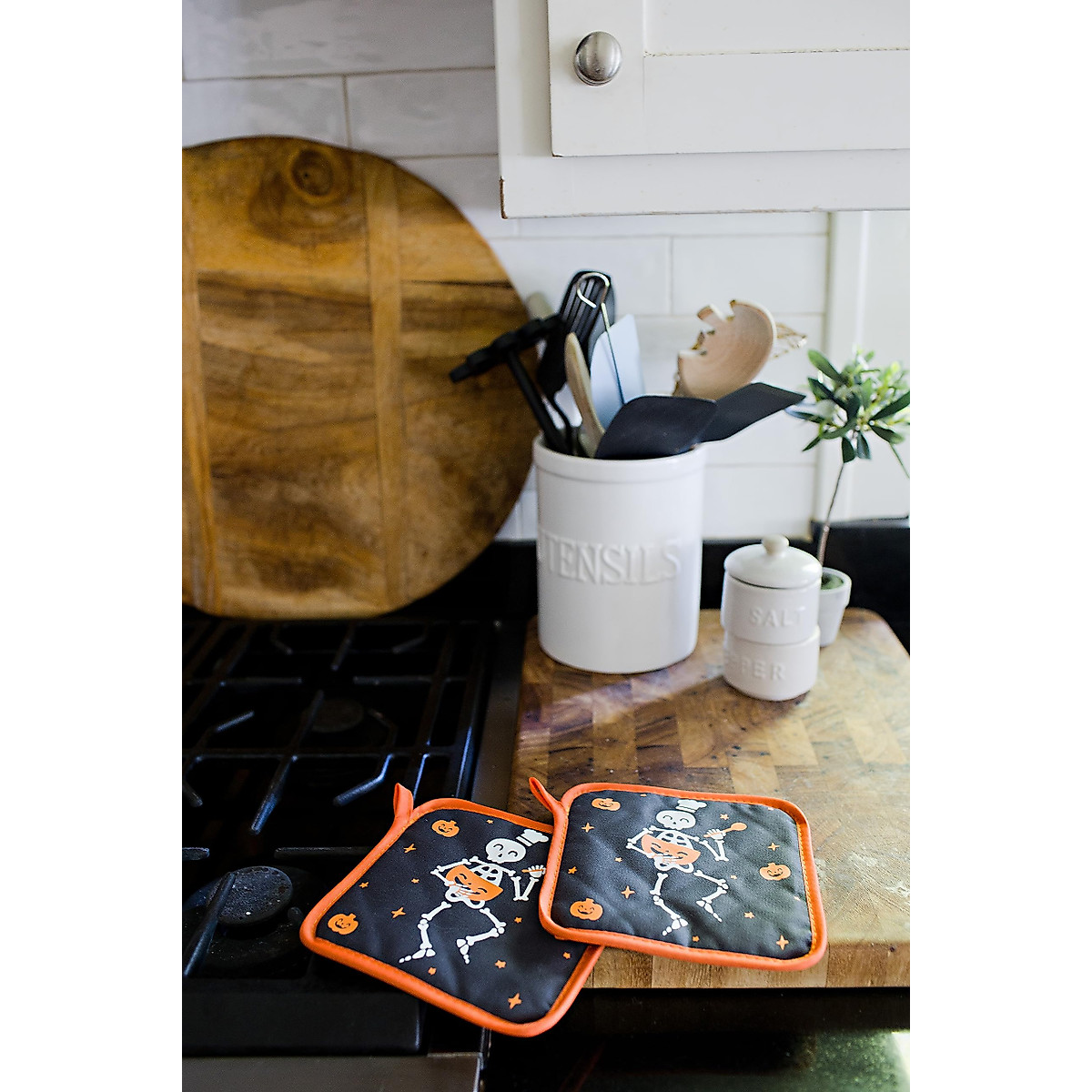 Pearhead Cloth Trivet Set, Bone Appetit Set of 2 Kitchen Trivets, Fall Décor for The Kitchen, Hot Plate Placemat, Fall Kitchen Decorations, Halloween Pot Holders