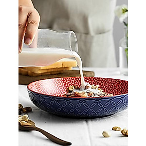 DOWAN Vibrant Pasta Bowls, 8.5'' Large Salad Bowls, 34 Oz Porcelain Pasta Serving Bowl Set of 4, Bowls for Pasta, Salad, Soup, Oatmeal, Mix-match Pattern, Ideal Housewarming Gift