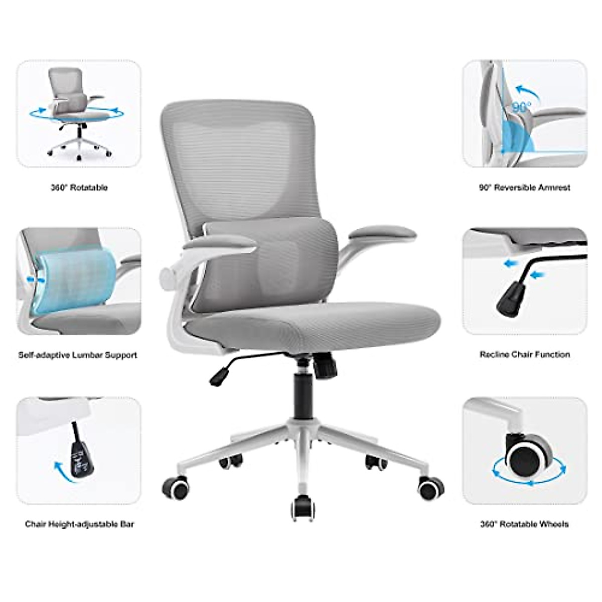 BRTHORY Office Chair Height-Adjustable Ergonomic Desk Chair with Self-Adjustable Lumbar Support, Breathable Mesh Computer Chair High Back Swivel Task Chair with Flip-up Armrests - Grey