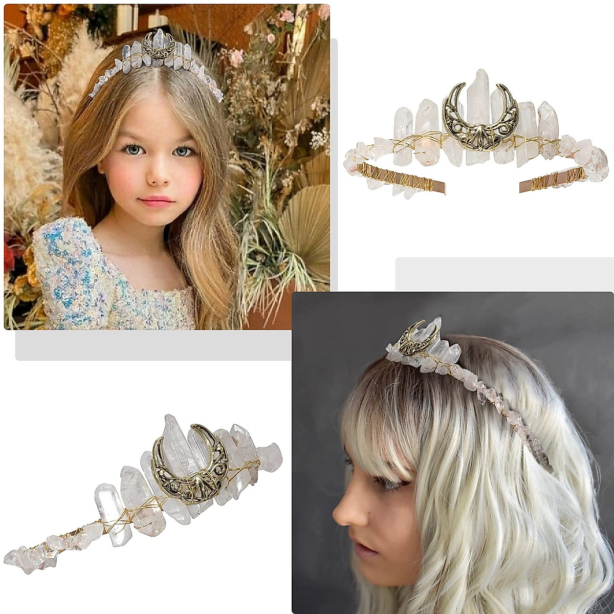 AWAYTR Moon Fairy Raw Crystal Crown - Goddess Quartz Crown Headpiece for Cosplay Wedding Party Photo Shoot Mermaid Headband Tiara for Women and Girls(White Crystal+Moon)