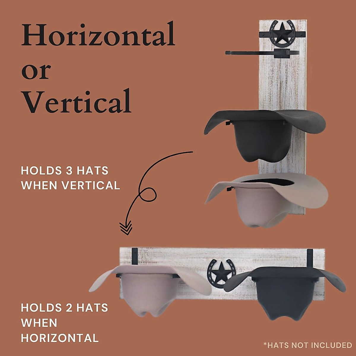 Ryker Ranch Cowboy Hat Rack for Wall | Western Hat Rack for Cowboy Hats | Rustic White Wood and Metal Cowboy Hat Holder for Wall | Cowboy Hat Hanger for Farmhouse Decor