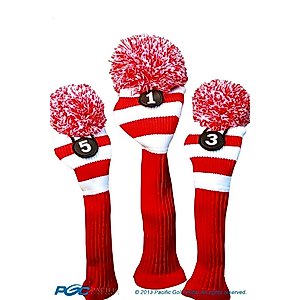 Majek Golf Club 1 3 5 White and Red Limited Edition Driver and Fairway Wood Head Covers Fits 460cc Drivers Tour Knit Retro Vintage Pom Classic Long Neck Metal Longneck Woods Headcovers