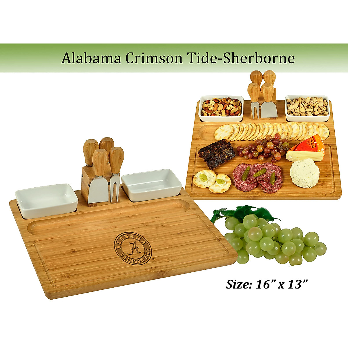 Picnic at Ascot NCAA Alabama Crimson Tide Officially Licensed Bamboo Cheese/Charcuterie Board with knife Set & cheese Markers