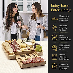 Premium Bamboo Cheese Board and Knife Set - Charcuterie Board with Knives - Deep Grooves & Hidden Drawer for Stainless Steel Cutlery - Wine Cheese Board Set - an Elegant Gift Idea
