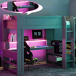 Polibi Twin Size Gaming Loft Bed with Desk, LED and Charging Station, Wood Loft Bed Frame with Multi-Storage Shelves, Dark Gray