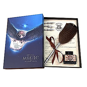 OPENDGO Antique Owl Feather Quill Pen and Ink Set Writing Quill Dip Calligraphy Pen Set for Beginners with 3 Nibs and Ink