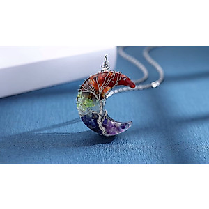 MAIBAOTA 7 Chakra Healing Crystal Necklace Tree Life Crescent Moon Phase Stone Pendant Necklaces Natural Reiki Spiritual Quartz Gemstone Mothers Day Gifts for Mom Hippie Witch Jewelry Gifts for Women