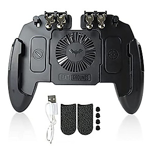 JRSHOME Mobile Game Controller with Cooling Fan/Phone Holder/Finger Sleeves for PUBG/Fortnite/Call of Duty, Mobile Triggers for 4.7”-6.5” iOS Android Phones