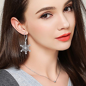 S925 Sterling Silver Snowflake Snow Dangle Drop Leverback Clasp Earrings for Women