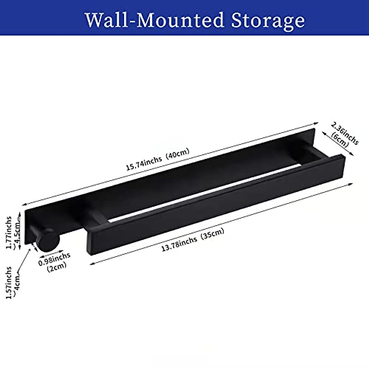 WOSOMOK Vertical Towel Bar for Bathroom with 3M Sticker 15.8 Inch SUS304 Stainless Steel Square Shower Bath Wall Hand Towel Holder Rack No Drilling Matte Black Towel Shelf Rack with Hook