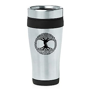 16oz Insulated Stainless Steel Travel Mug Coffee Mug Tumbler Celtic Tree Of Life Irish (Black)