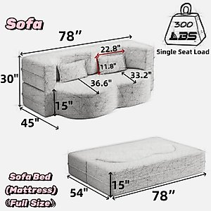 LITVZ Folding Sofa Bed Queen, Lazy Floor Sofa Couch with 8 Inch Folding Mattress, 2-in-1 Convertible Foam Compressed Sofa Fold Out Couch Bed for Adults (White)