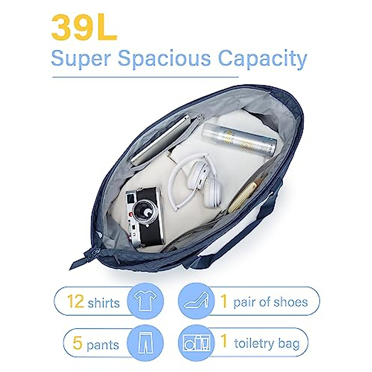 BAGSMART Weekender Overnight Bag 39L Large Travel Duffle Bag for Women, Quilted Cotton Sports Gym Bag with Shoe Compartment, Carry-on Bag with Multiple Pockets, Machine Washable(Navy Blue)