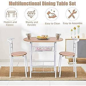 FANTASK 3 Pieces Dining Set, Breakfast Table Set w/Metal Frame and Storage Shelf, Compact Table and 2 Chairs Set for Home Bistro Pub Apartment Kitchen Dining Room Cafe