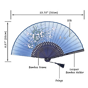 OMyTea® "Grassflowers 8.27"(21cm) Hand Held Folding Fans - With a Fabric Sleeve for Protection for Gifts - Chinese/Japanese Vintage Retro Style (Blue)