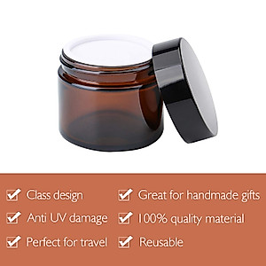 2 oz Round Glass Jars (6 Pack) - Empty Cosmetic Containers with Inner Liners, black Lids and Glass Sample Jars with lables (Amber) by THETIS Homes