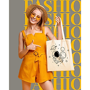 AUSVKAI Cute Canvas Tote Bag Aesthetic For Women Astronaut Space Grocery Bags Cotton Beach Totes Gift