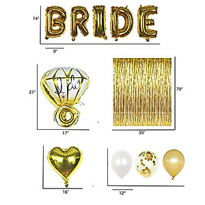 Bridal Shower Bachelorette Party Decorations Kit Gold – Set Includes 1 Fringe Curtain, 1 Set of Foil Bride Balloons, 1 Ring Balloon, 2 Heart Balloons, 4 Confetti Balloons, 4 Gold, 4 White Balloons