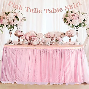 Pink Tulle Table Skirt - MAQIHAN 6ft Tulle Dining Table Skirt Buffet Tutu Table Cloth Princess Tablecloth Dessert Table Cover Wedding Tablecloth Party Decorations for Birthday Party Teacher Desk Skirt
