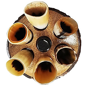 SIXTH SENSE Buffalo Horn Shot Glass Rack -Set of 6 Authentic 2 oz. Horn Shot Glasses with Premium Wooden Rack to hold Glass on Bottal Neck(No bottal included)