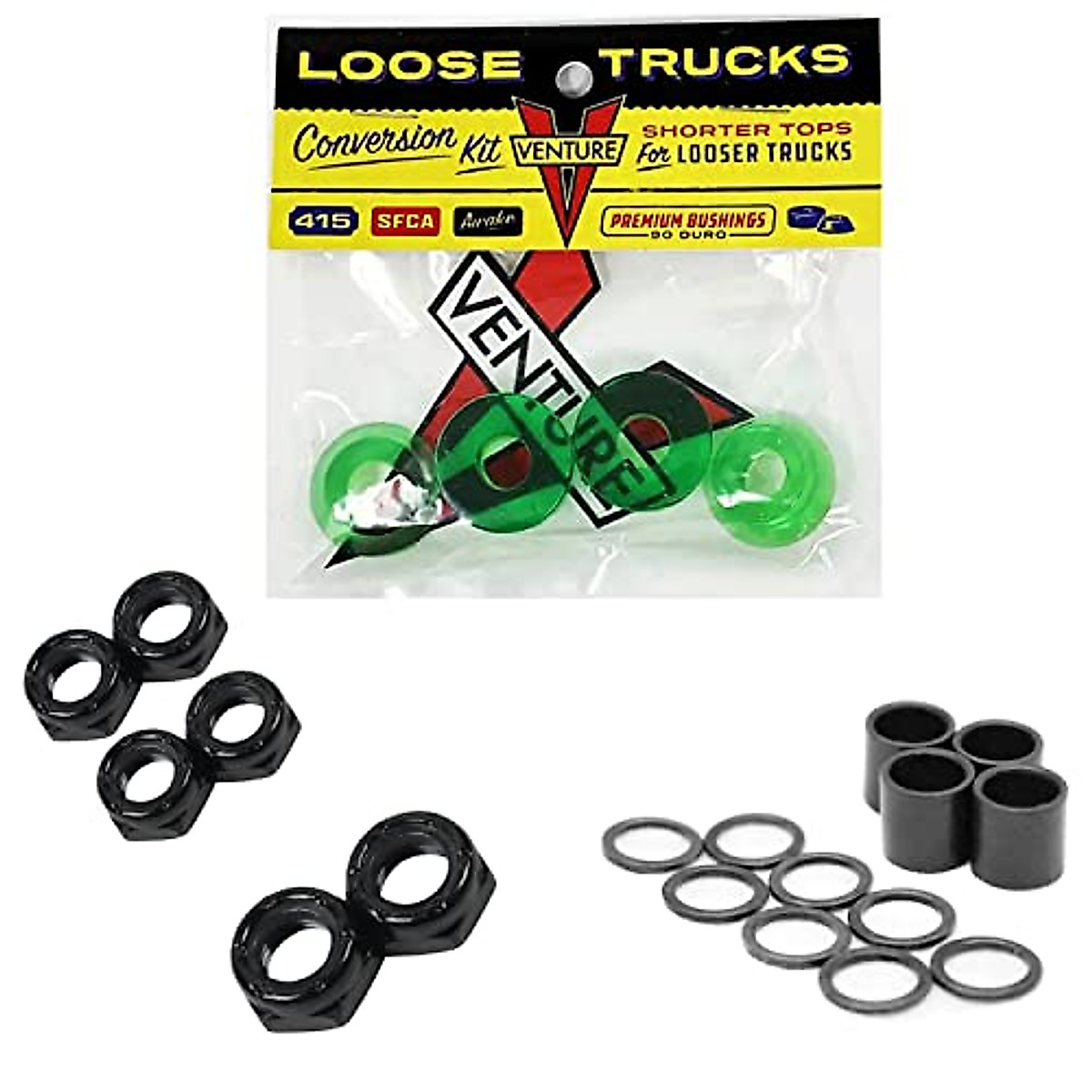 Venture Skateboard Bushings Loose Trucks Conversion Kit 90A Green with Dime Bag Axle, Kingpin Nuts and Speed Kit - Rebuild/Refresh Pack That fits Almost All Skateboard Trucks