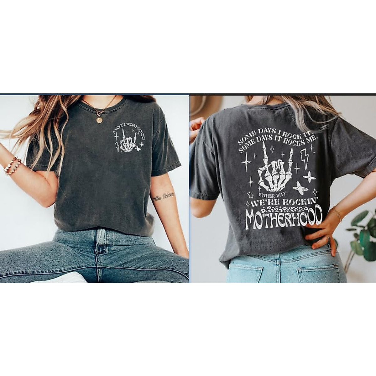 Motherhood Some Days I Rock It Shirt Women Vintage Graphic Rock TShirts Skeleton Hand Print Short Sleeve Tees Tops Dark Grey