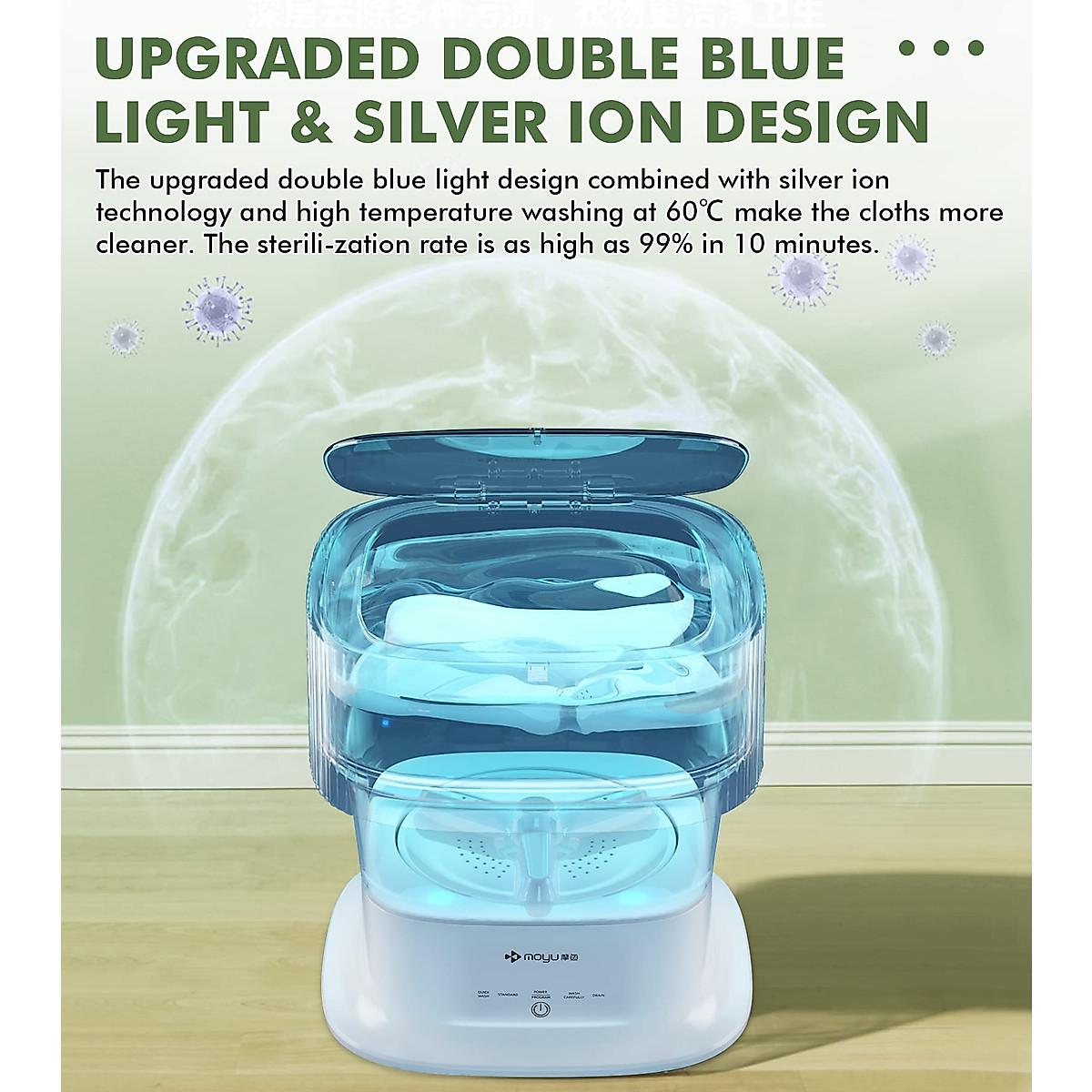 Portable Washing Machine, Updated Small Washer (2 Blue light & Silver Ion Design), Foldable Mini Washer, for Underwear, Socks, Baby Clothes, Towels, Delicate Items (NOT Automatically)