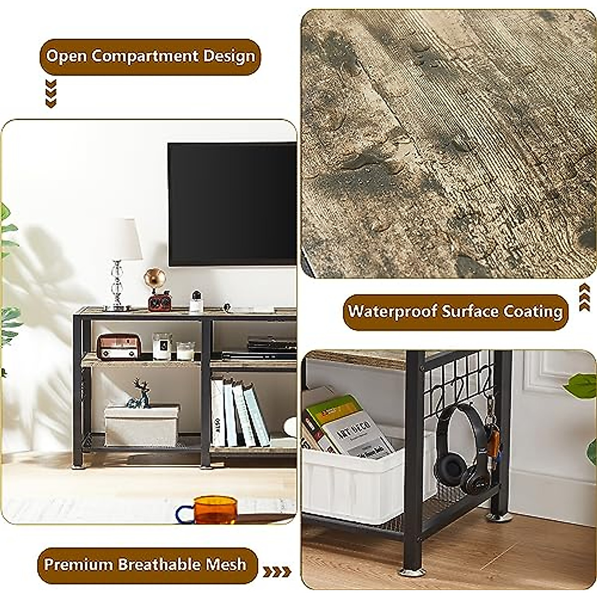 VECELO TV Stand for Televisions up to 70 Inch, Industrial Entertainment Center with 3-Tier Open Storage Shelves& Hooks for Living, Bedroom and Gaming Room, 63 Inch, Grey