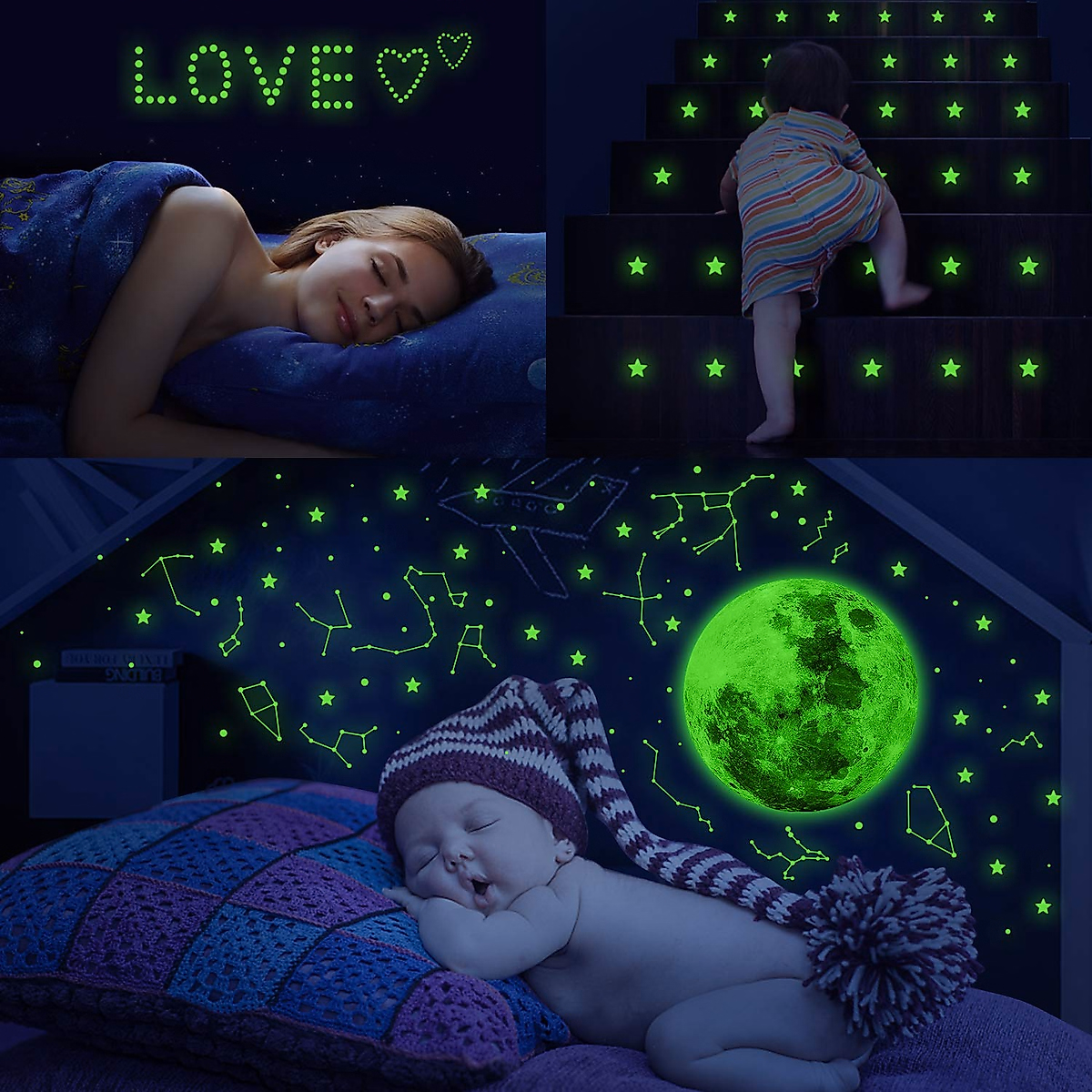 Glow in The Dark Stars for Ceiling, 100 Adhesive Bright, Realistic Glowing Ceiling Stars and a Full Moon for Starry Sky, 12 Constellations, and 407 Dots, Wall Stickers Perfect for Kids Room Decor