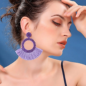 Handmade Bohemian Tassel Crystal Statement Drop Dangle Earrings for Women Hoop Fringe Lightweight Ear Jewelry Summer Accessories (Purple)